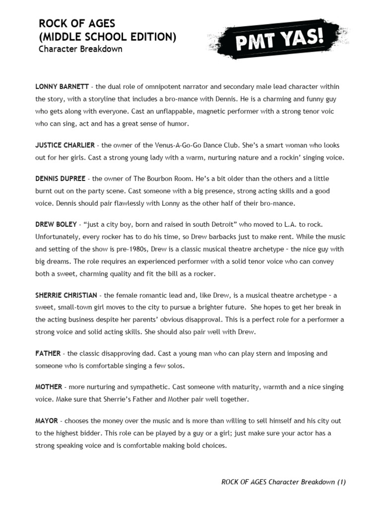 Rock of Ages Middle School Character Guide | PDF | Entertainment ...