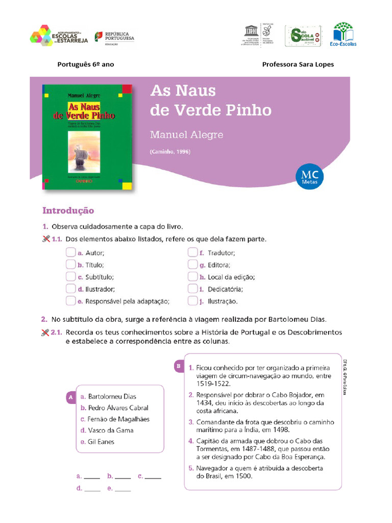 Guião de Leitura as Naus de Verde Pinho 6º | PDF