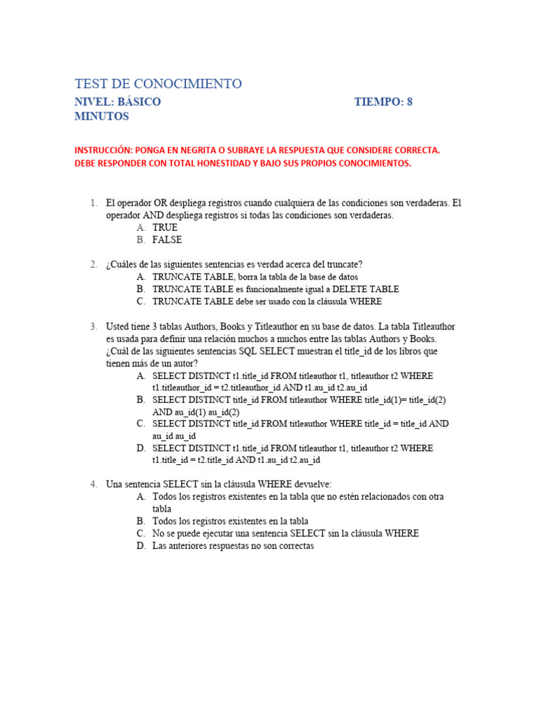 Test de Conocimiento | PDF