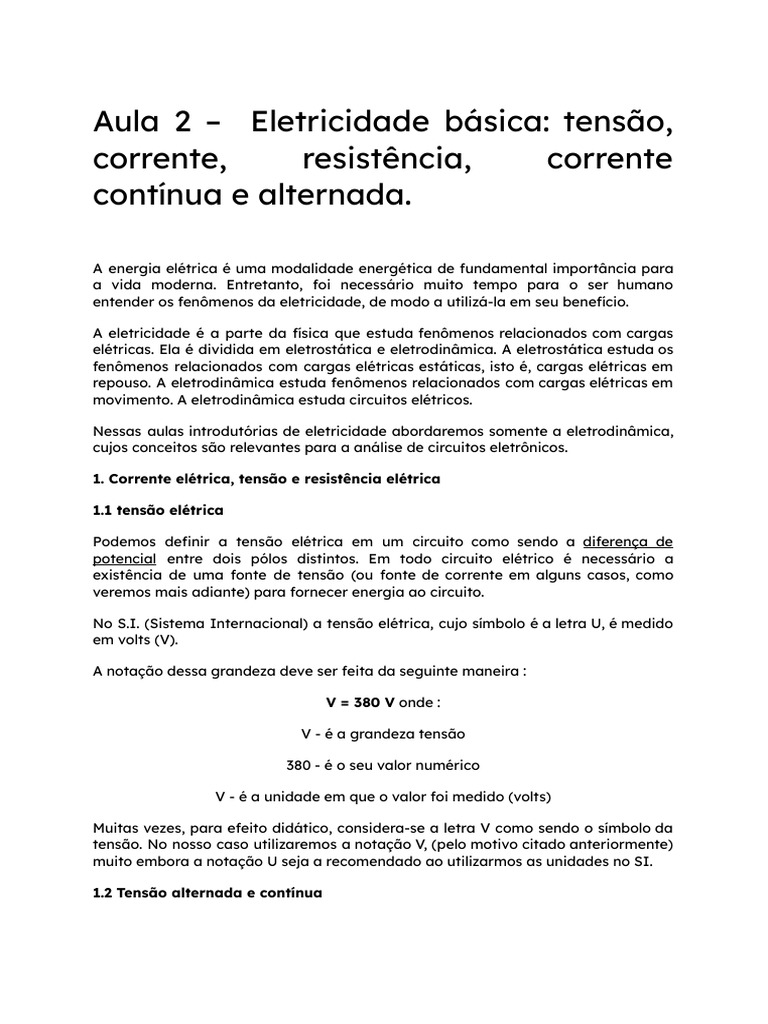 Aula 2 Eletricidade Básica Tensão E Etc Download Grátis Pdf