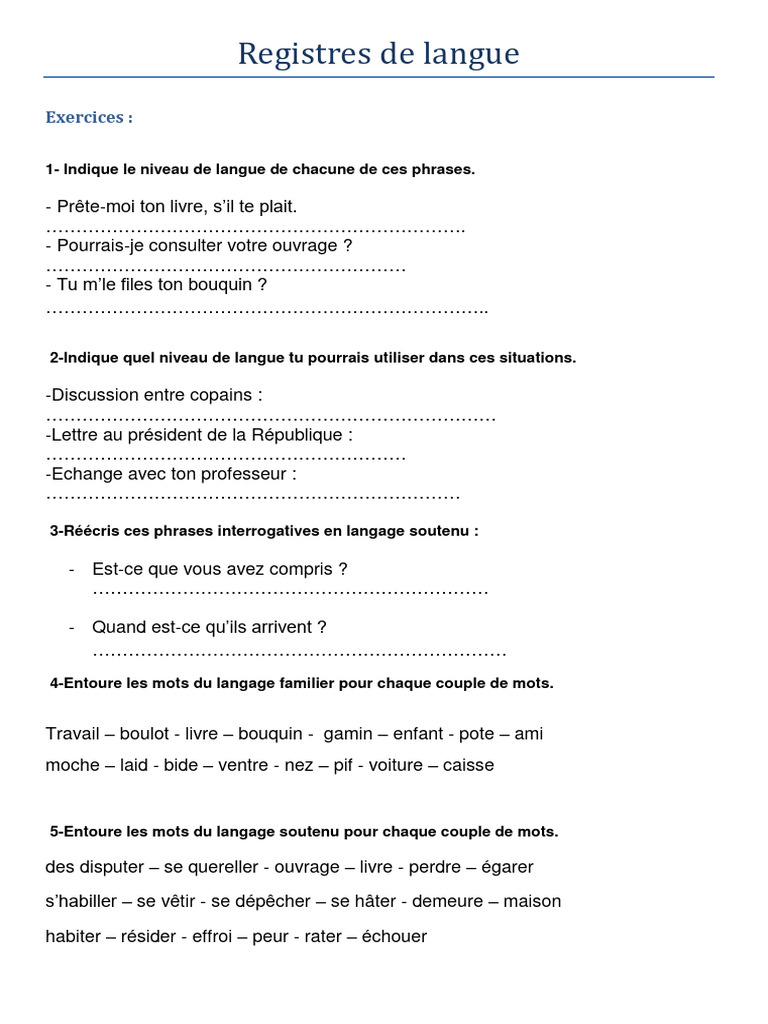 Exercices Registre de Langue | PDF | Dialectologie | Communication humaine