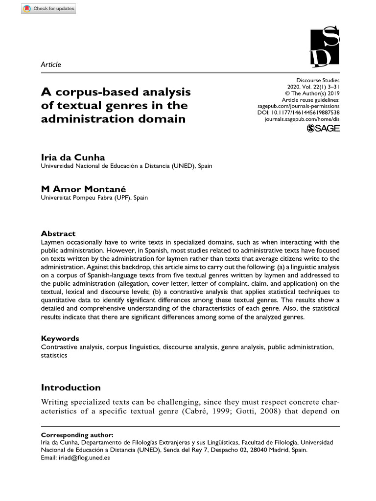 Da Cunha Montane 2019 A Corpus Based Analysis of Textual Genres in The Administration Domain ...
