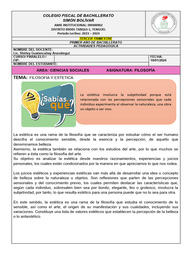 Actividades Pedagógicas en Filosofía Estética | PDF | Estética | Belleza