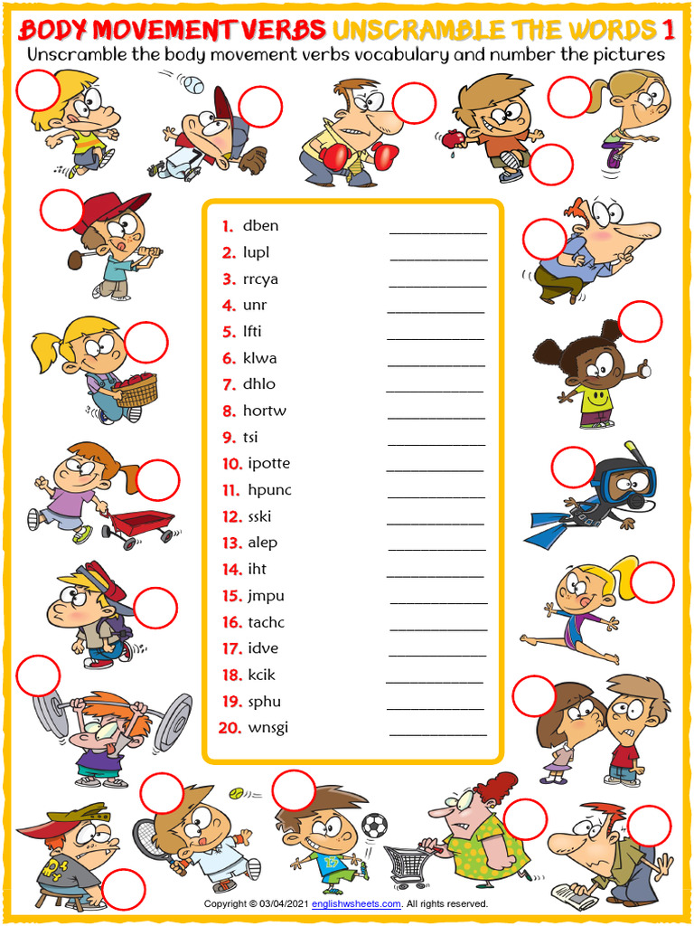 7-MOV-body Movement Verbs Vocabulary Esl Unscramble the Words ...