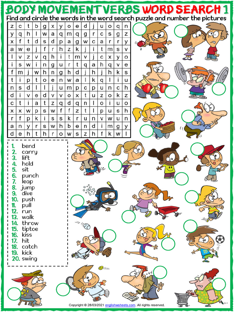 4-MOV-body Movement Verbs Vocabulary Esl Word Search | PDF | Word ...