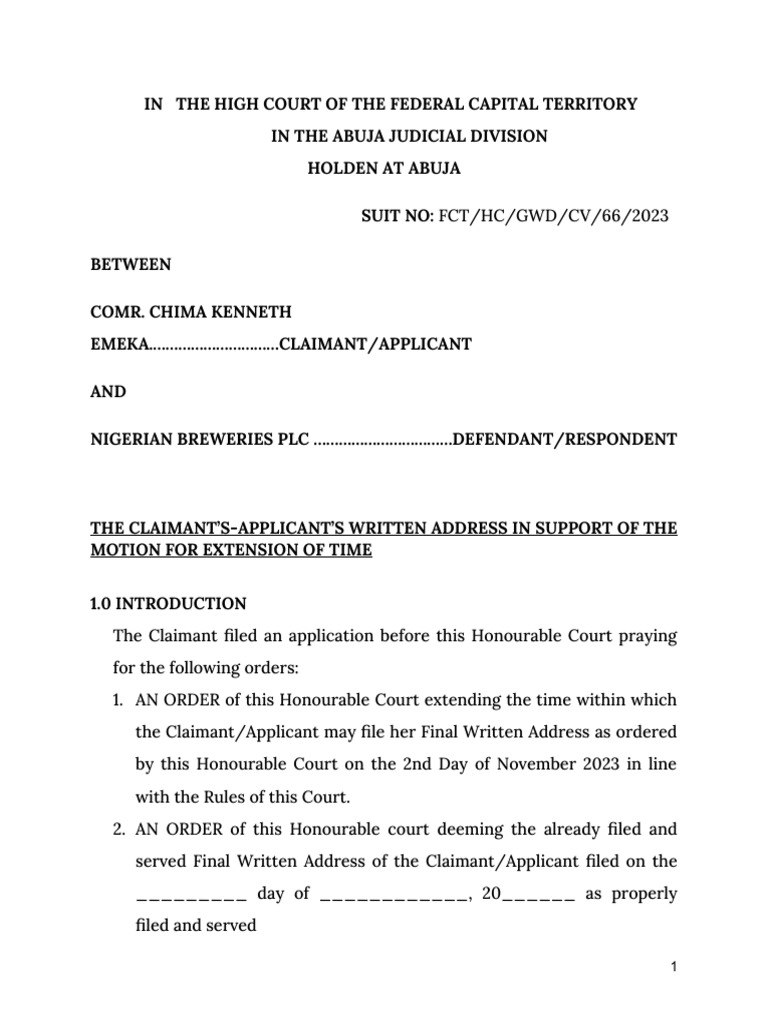Written Address in Support of Motion For Extension of Time | PDF ...