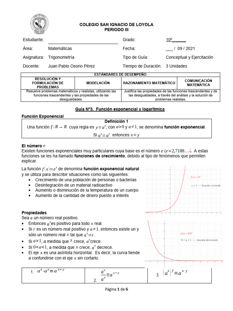 03 FUNCIONES EXPONENCIAL Y LOGARITMICA 10° - 3P | PDF | Logaritmo | Funcion exponencial