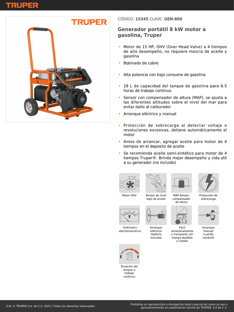 Generador Portátil 8 KW Motor A Gasolina, Truper: CÓDIGO: 15345 CLAVE ...