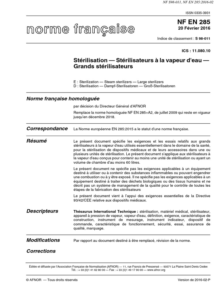 Norme NF EN 285 : Stérilisateurs à vapeur | PDF | Stérilisation ...