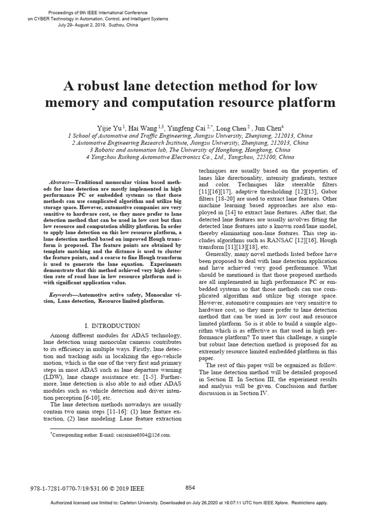 A Robust Lane Detection Method For Low Memory and Computation Resource Platform | PDF | Computer ...