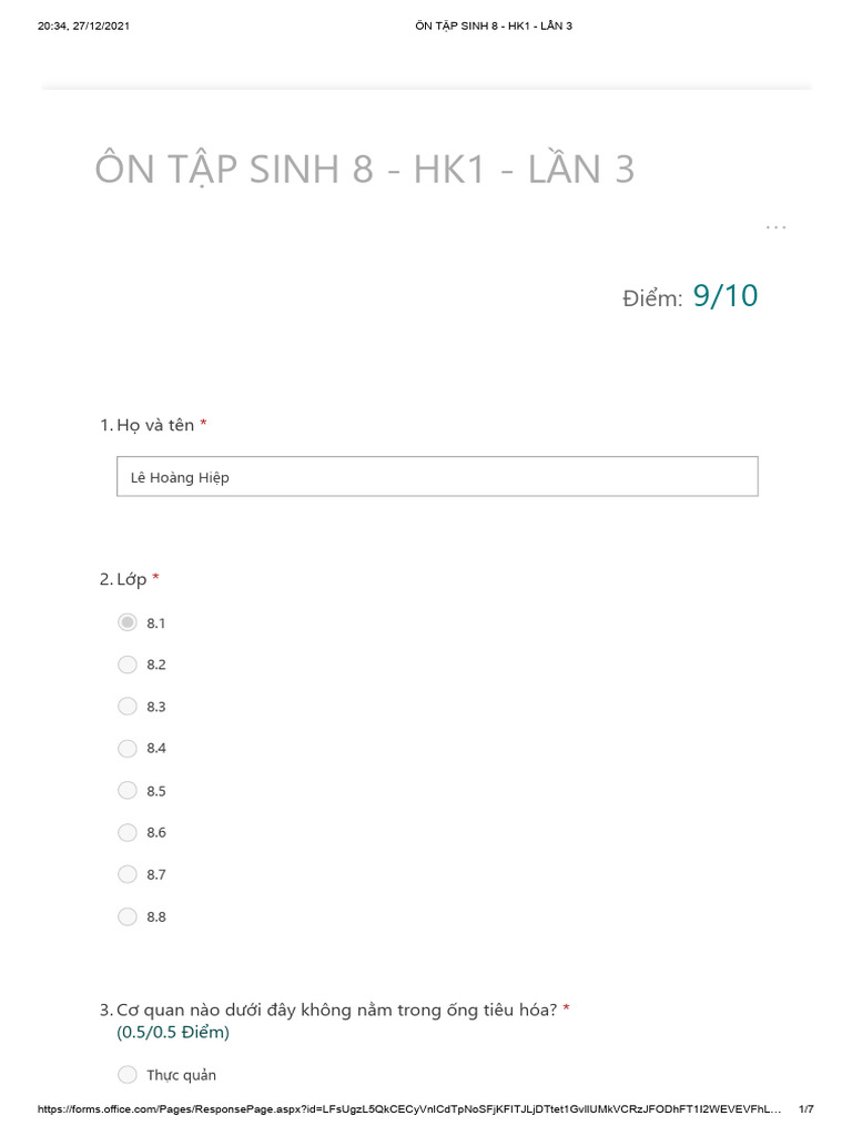 ÔN TẬP SINH 8 - HK1 - LẦN 3 | PDF