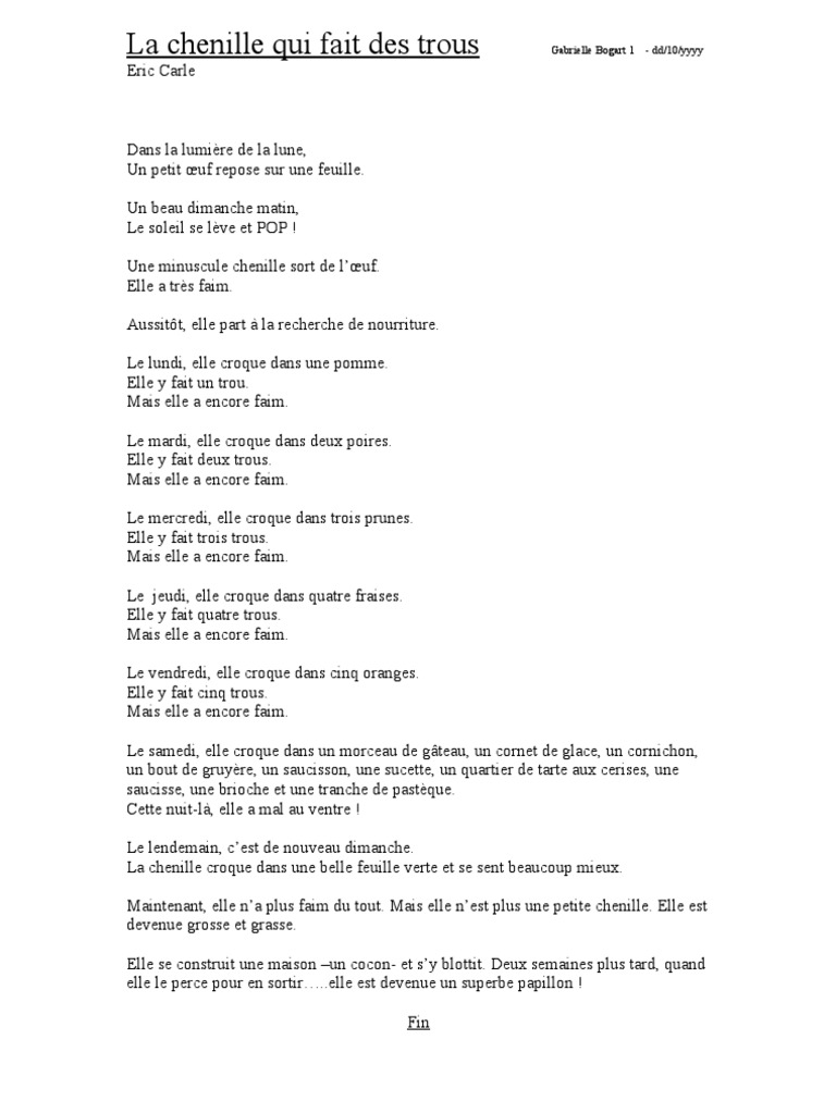 La Chenille Qui Fait Des Trous Text | PDF