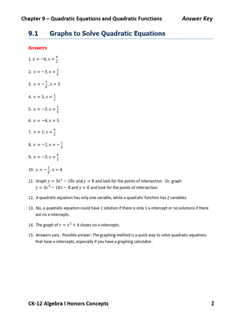 Answer Key - CK-12 Chapter 09 Algebra 1 Honors Concepts (Revised) | PDF ...