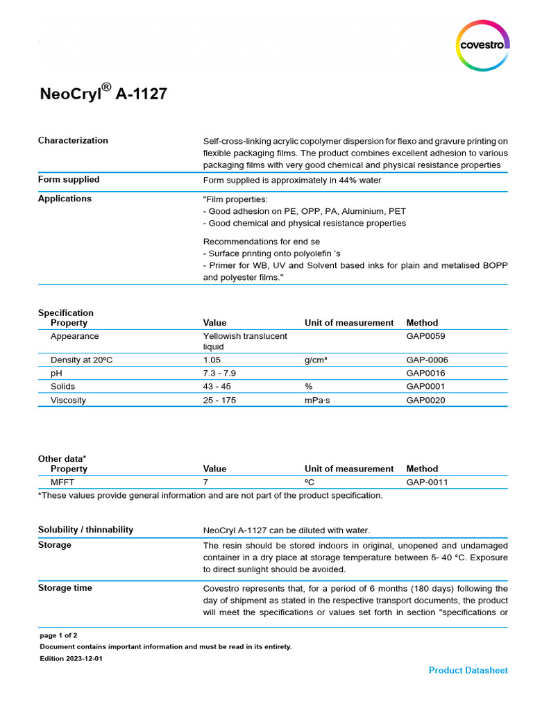 NeoCryl A 1127 - en - 50016095 23666669 23488781 | PDF | Viscosity ...