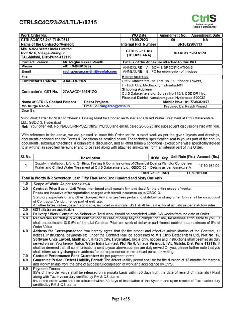 Nalco Chemical Dosing Plant Work Order | PDF | Indemnity | Taxes
