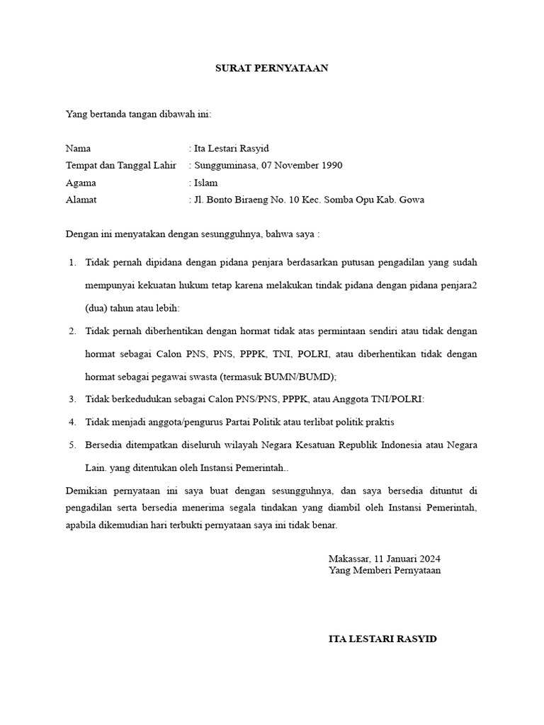 Surat Pernyataan (Lampiran Iii) 2024 | PDF