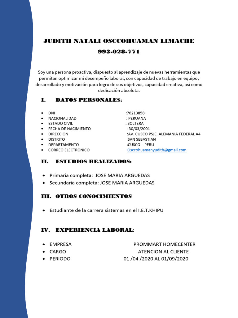CV. ONPE JUDITH - Yudith Osccohuaman | PDF | Crecimiento personal y ...