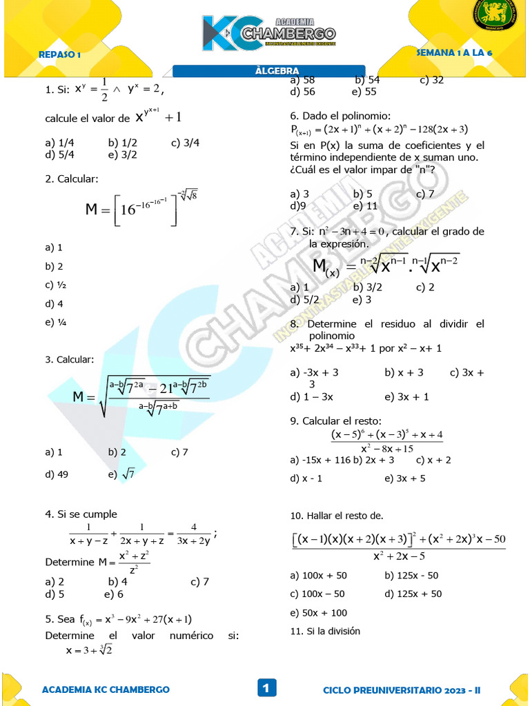 Algebra - R1 - T - PS - Academia KC Chambergo 2023 - Ii 18 - 09 - 23 | PDF | Algoritmos | Números