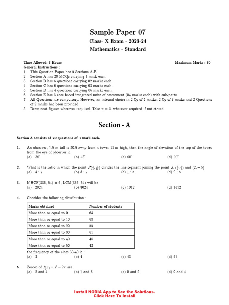 MA Sample Paper 7 Unsolved | PDF | Circle | Equations