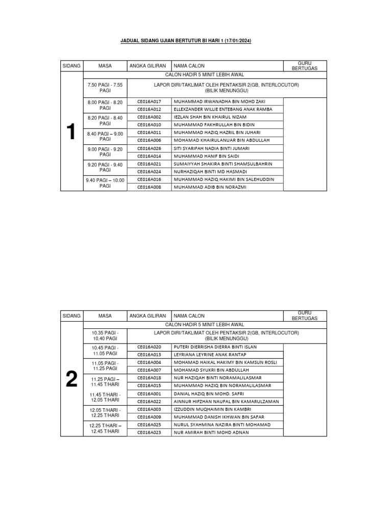 Jadual Sidang Speaking Test Bi 2023 | PDF