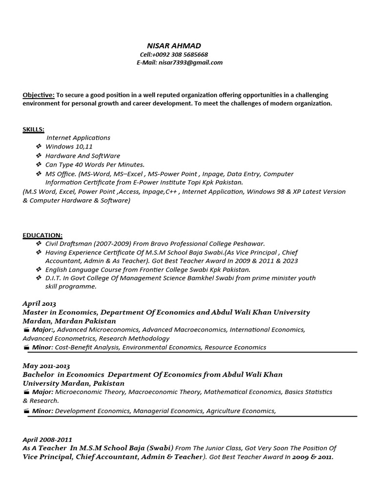 Nisar CV Cashier | PDF | Economics | Pakistan