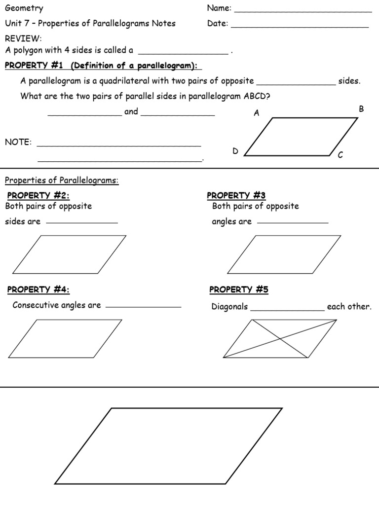 Parallelogram Properties Notes WS 1and WS2 | PDF | Geometric Shapes ...