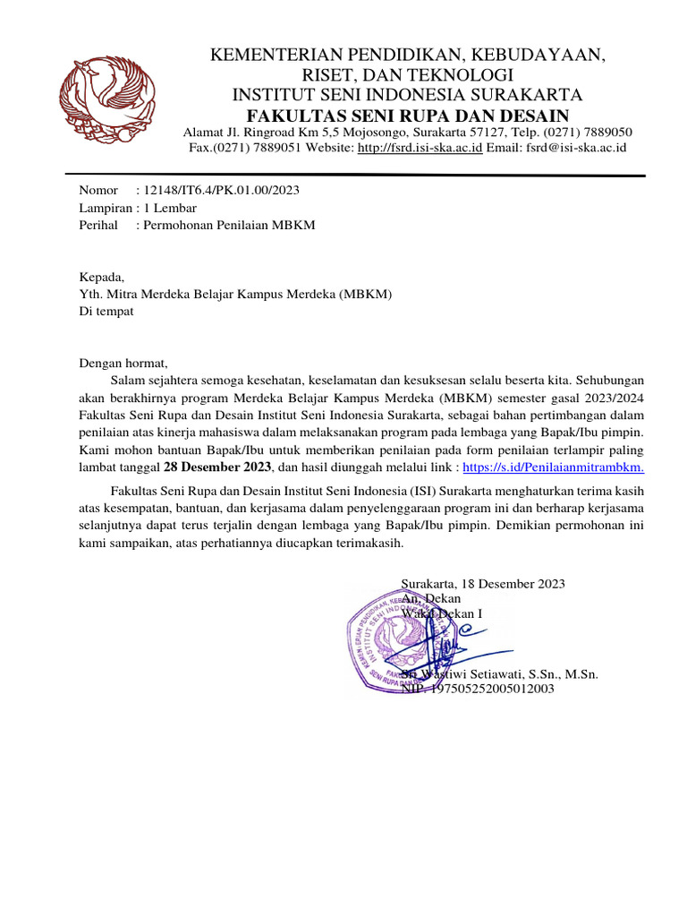 Surat Permohonan Penilaian Mitra MBKM FSRD | PDF Surat Permohonan Penilaian Mitra MBKM FSRD | PDF