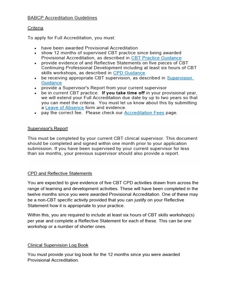 BABCP Full Accreditation Criteria | PDF