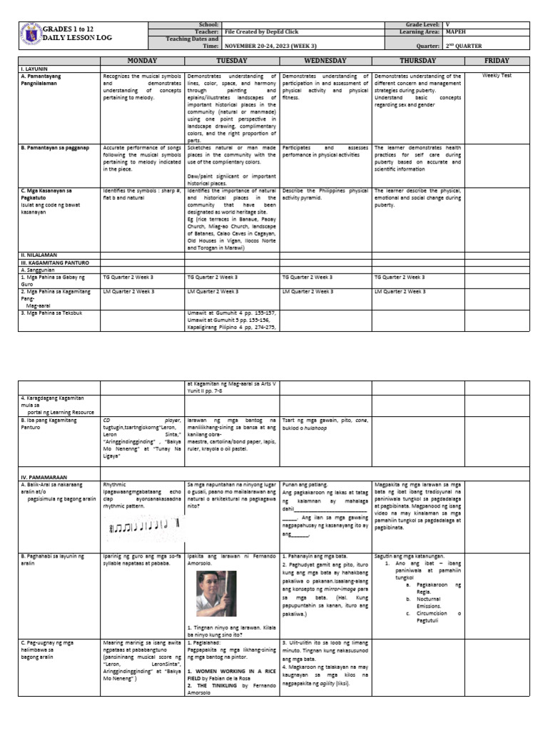 DLL - Mapeh 5 - Q2 - W3 | PDF