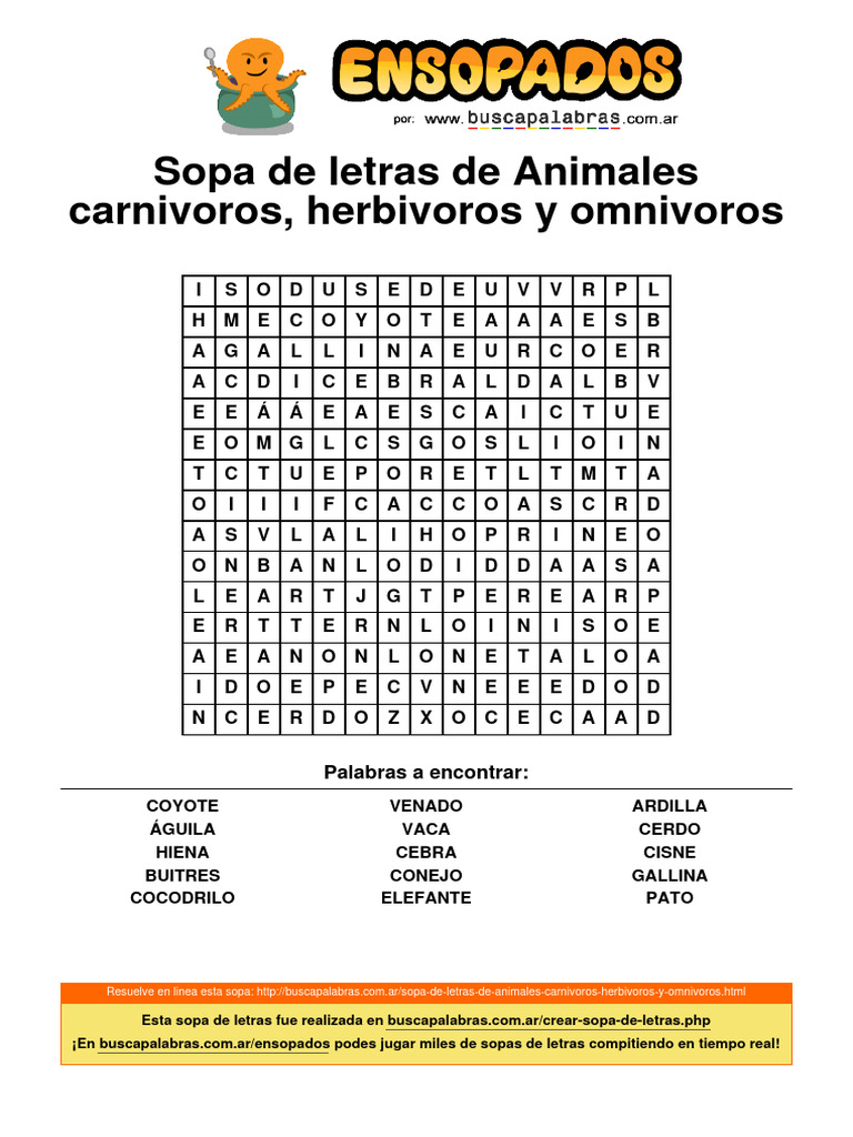 Sopa de Letras de Animales Carnivoros Herbivoros y Omnivoros | PDF ...