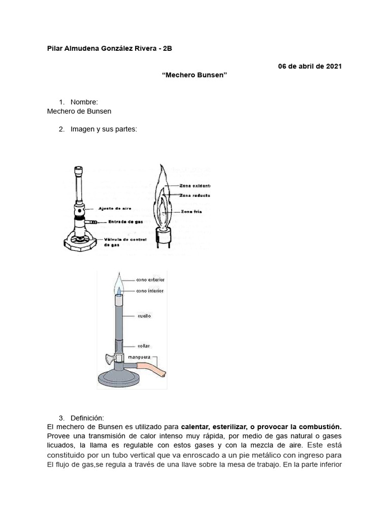 Usos y partes del mechero de Bunsen | PDF | Combustión | Materiales