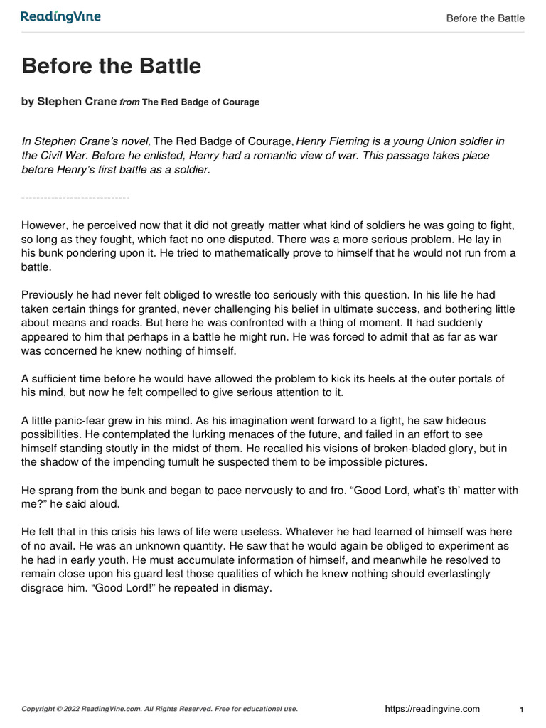 Before The Battle Passage | PDF | The Red Badge Of Courage | Stephen Crane