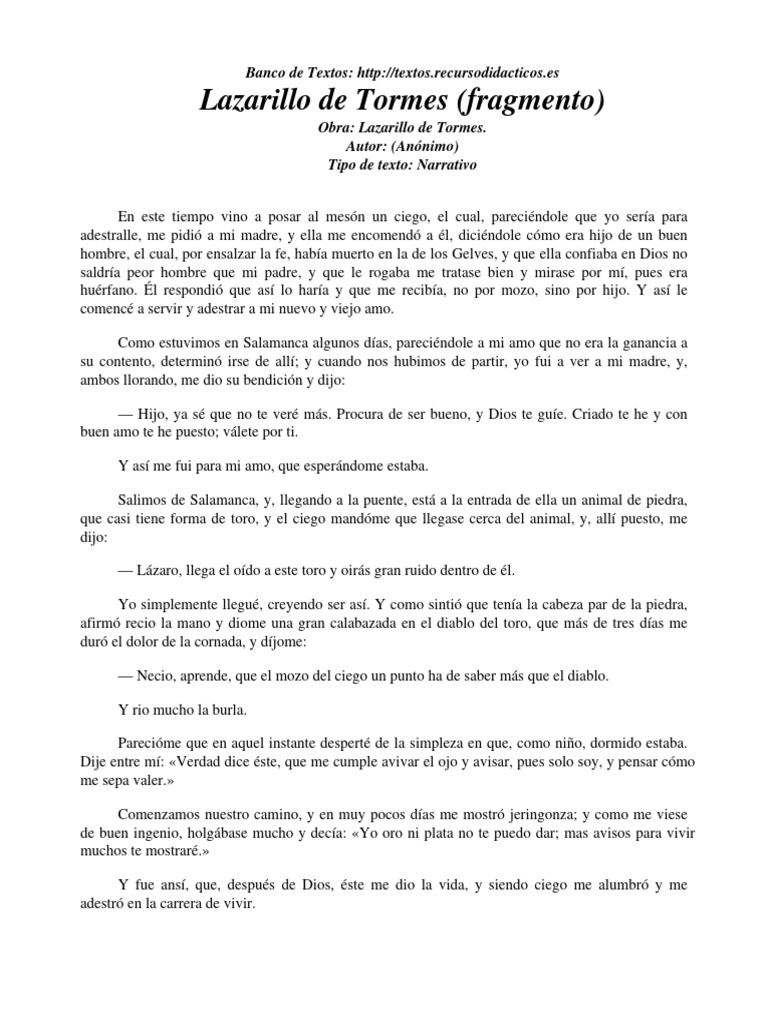 Lazarillo de Tormes (Fragmento) - 1 | PDF