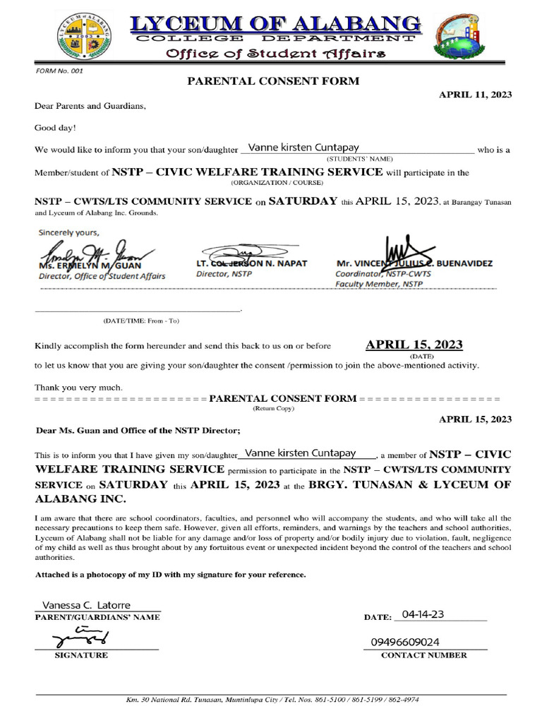 NSTP Cwts Parental Consent April 15 2023 2 | PDF