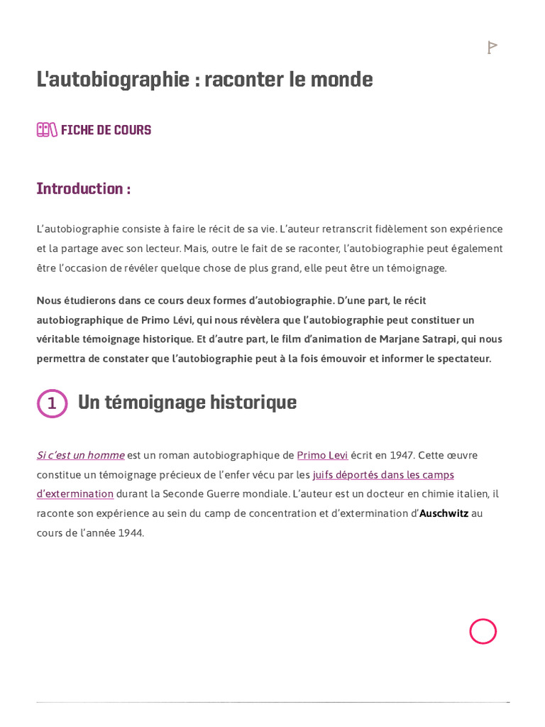 L'autobiographie - Raconter Le Monde - Fiche de Cours - Français ...