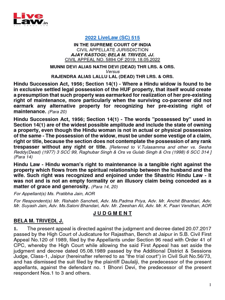 515 Munni Devi Nathi Devi V Rajendra Lallu Lal 18 May 2022 418810 | PDF | Lawsuit | Property