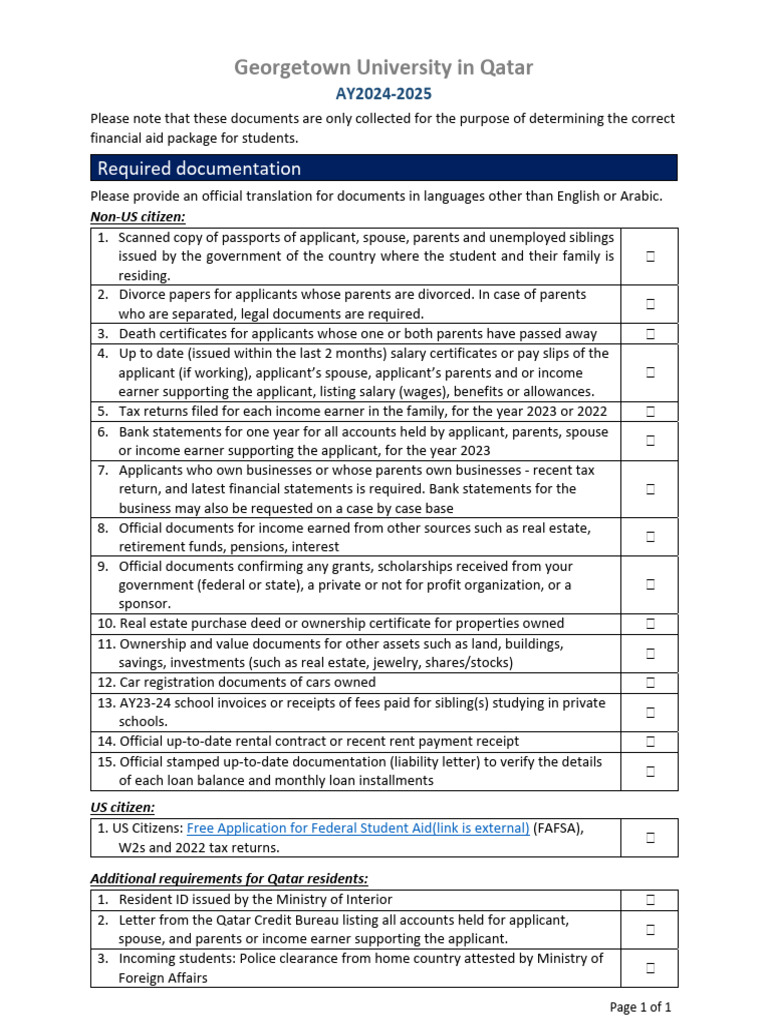 Georgetown Qatar Document Checklist - GU-Q Website | PDF | Taxes | Receipt
