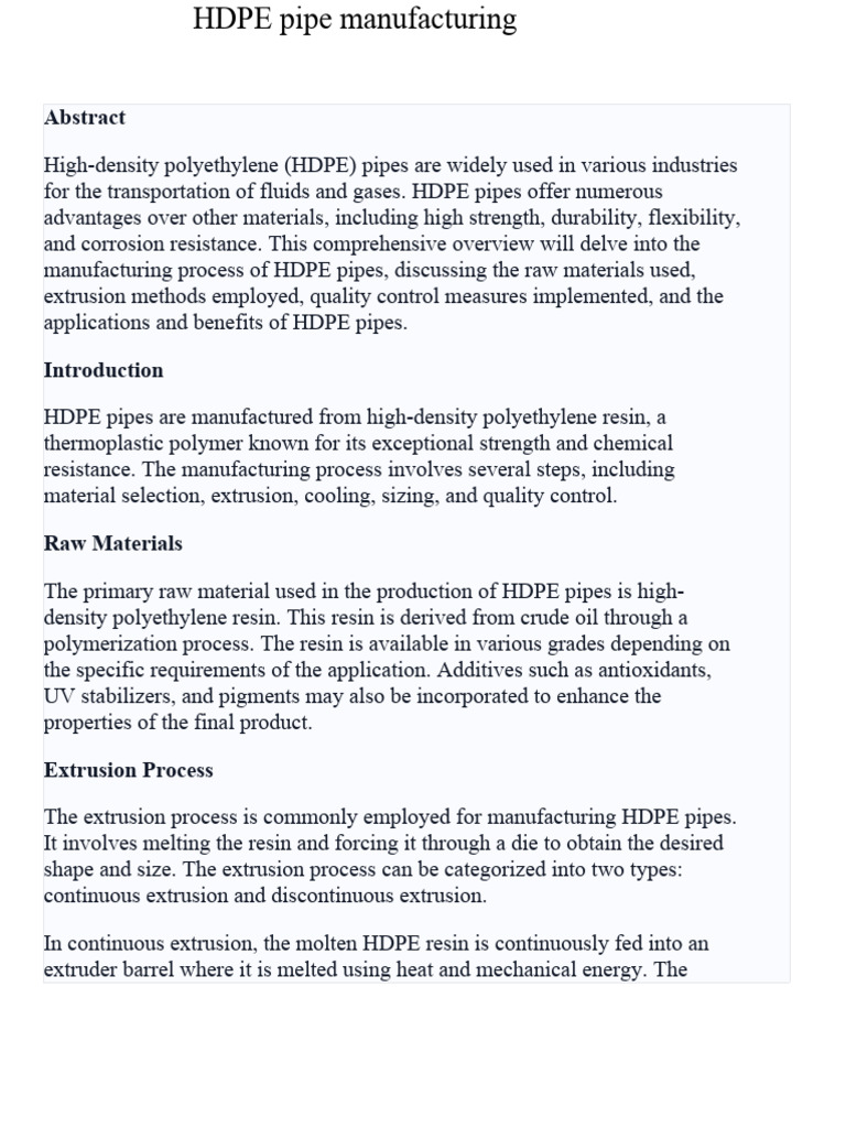 HDPE Pipe Manufacturing | PDF | Pipe (Fluid Conveyance) | Extrusion
