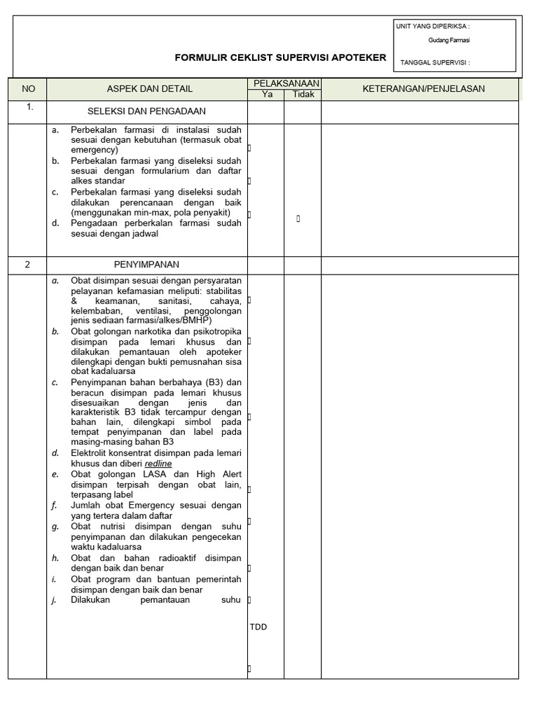Checklist Supervisi Apoteker Gudang Farmasi | PDF