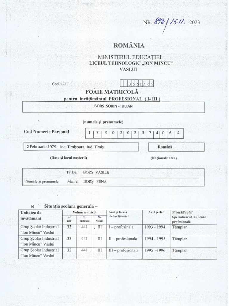 Foaie Matricola Ion Mincu | PDF