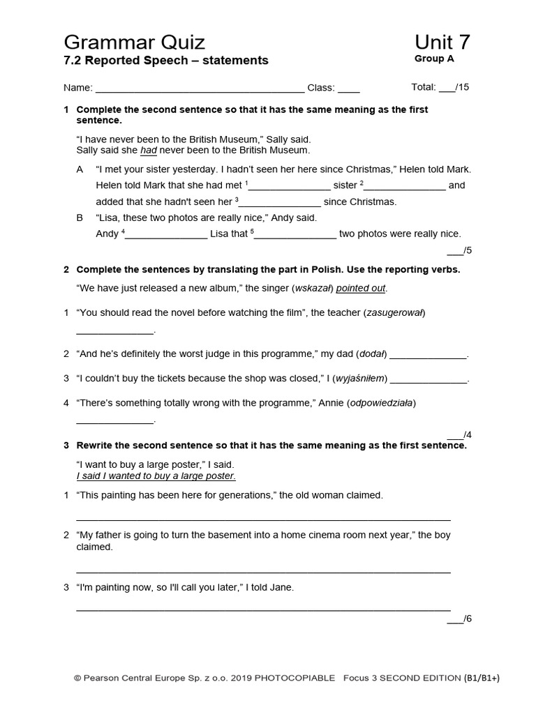 Unit 7 Grammar Quiz: Reported Speech | PDF | Language Arts & Discipline