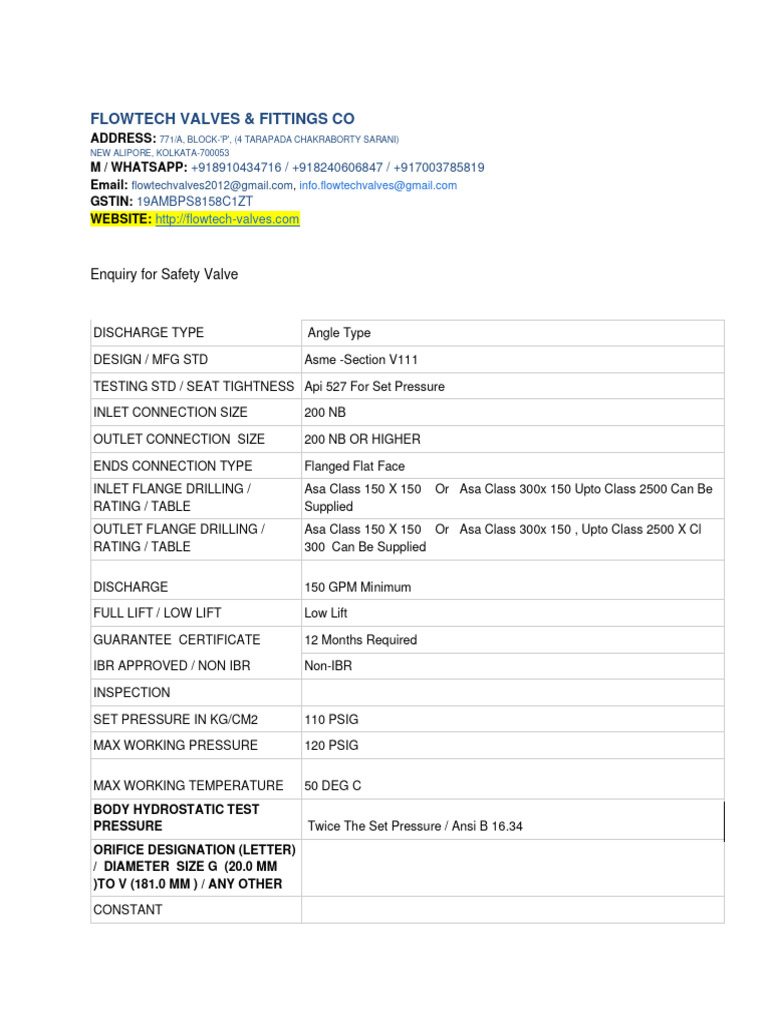 Safety Valve Enquiry Technical Data Sheet | PDF