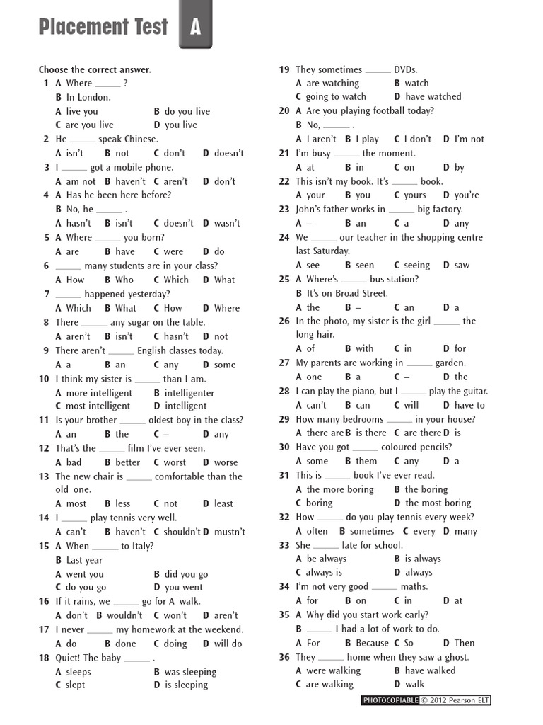 Placement Test A Version | PDF