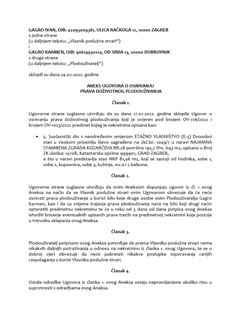 Aneks Ugovora o Doživotnom Plodouživanju Gagro Ivan Karmen | PDF