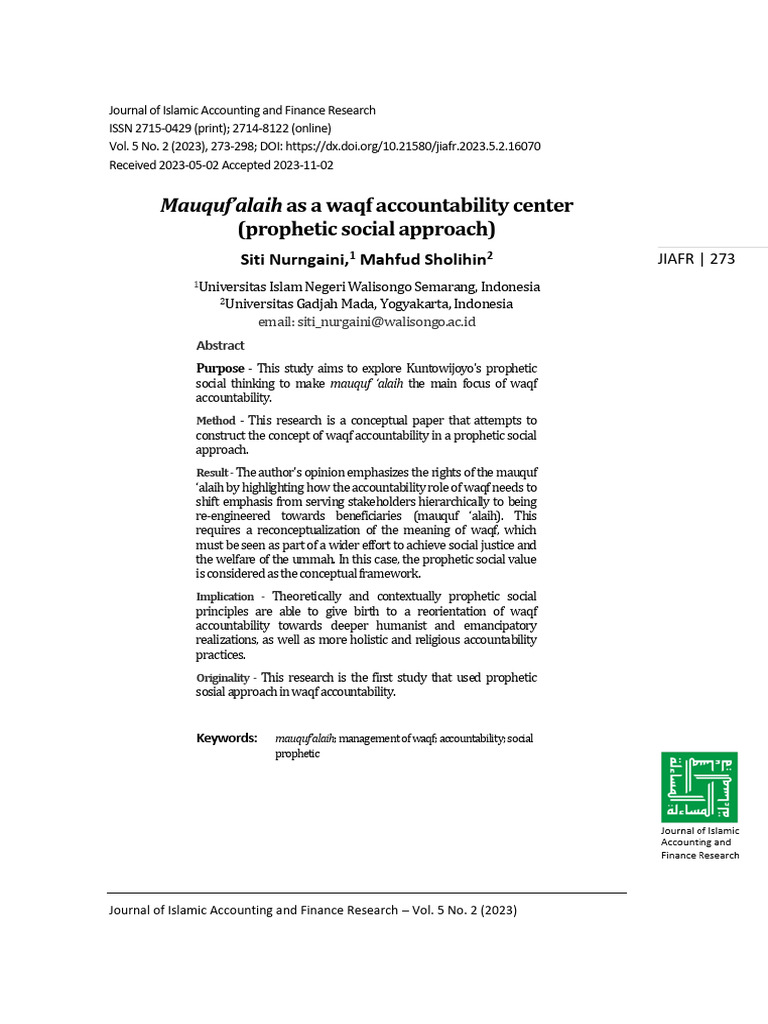 Mauquf'alaih As A Waqf Accountability Center (Prophetic Social Approach ...