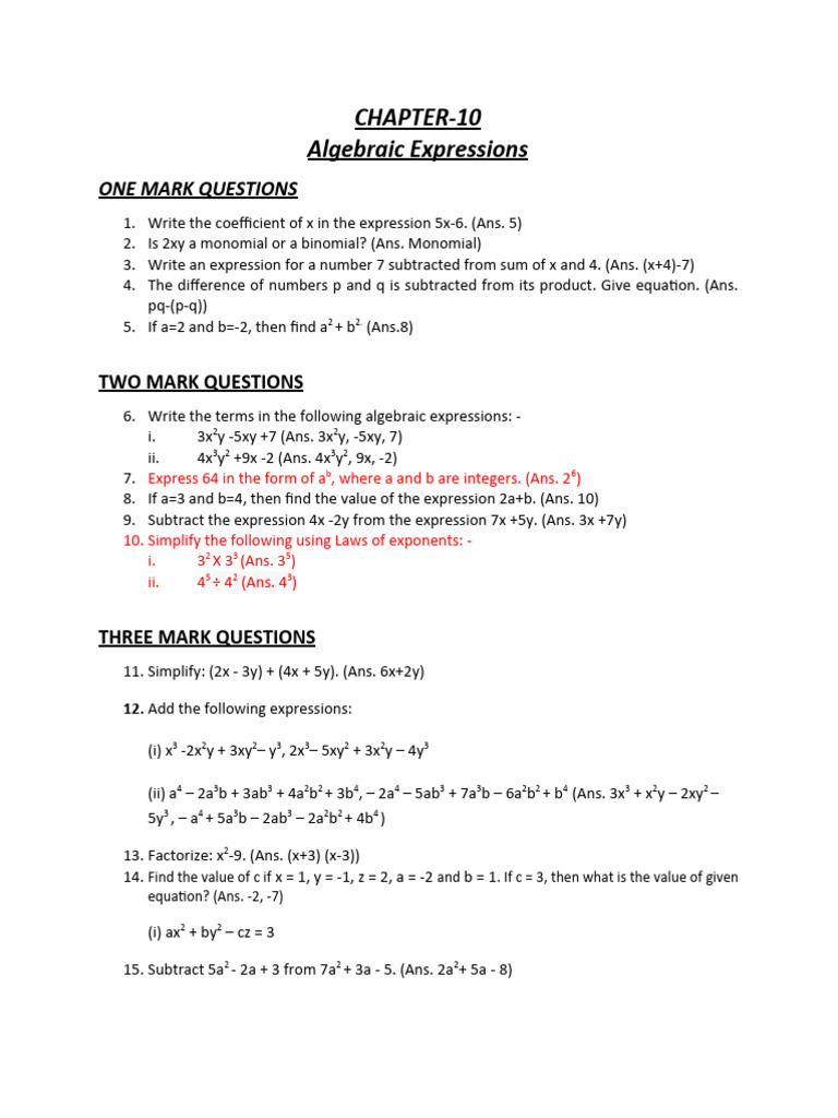 Algebraic Expressions | PDF