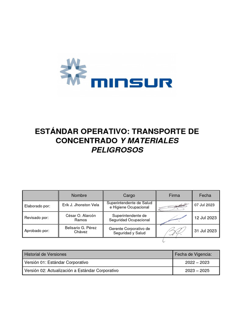 MI-COR-DOP-GSS-ETO-23 Estándar Operativo Transporte de Concentrado (Versión 02) | PDF | Minería ...