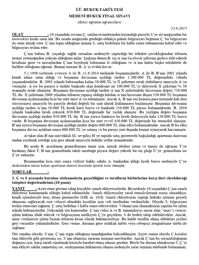 2015 Medeni Hukuk IO Final CA1 | PDF