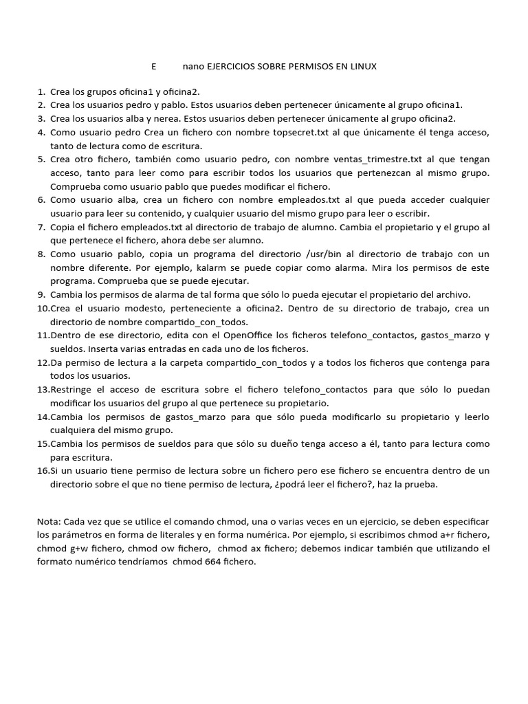 Ejercicios - Permisos y Gestión de Usuarios | PDF | Archivo de computadora | Gestión de ...