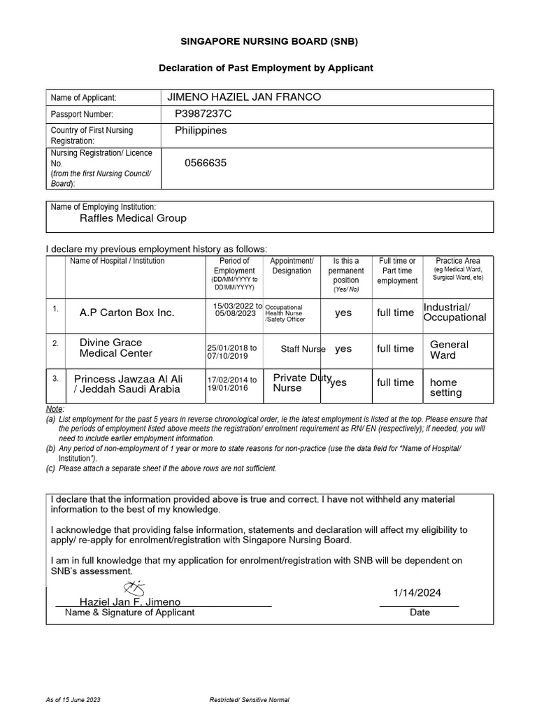 Nursing Employment Declaration Form | PDF | Nursing | Public Services
